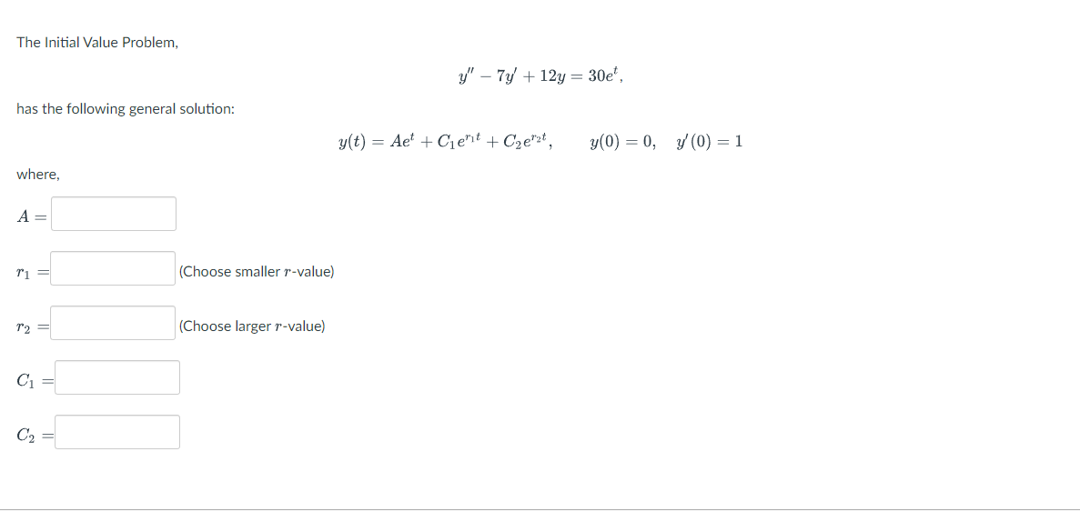 Solved The Initial Value Problem, y′′−7y′+12y=30et, has the | Chegg.com