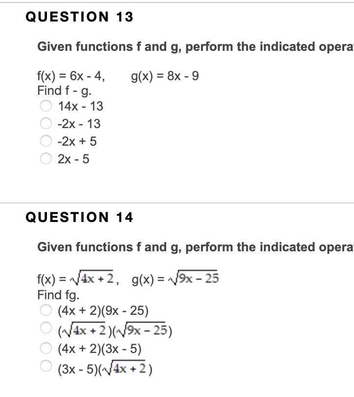 Solved Given functions f and g, perform the indicated opera | Chegg.com