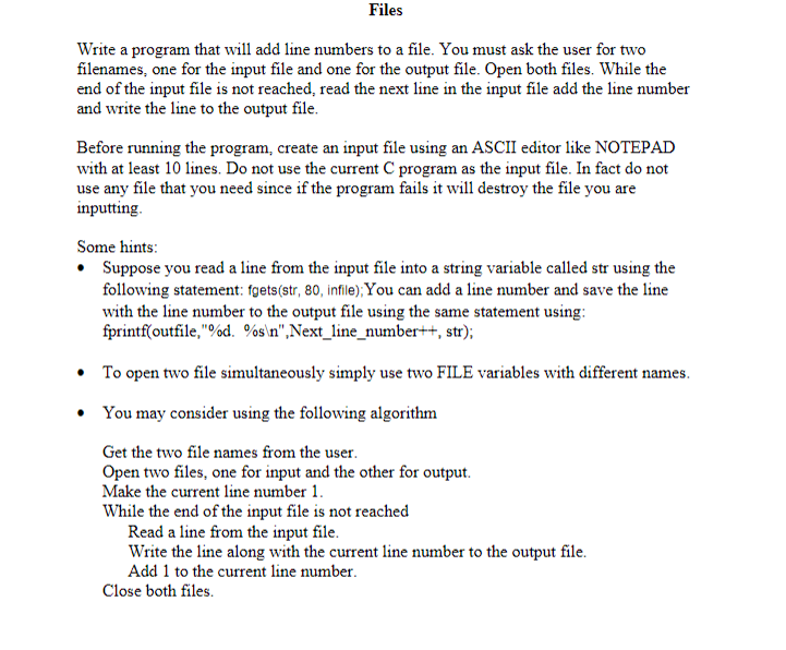 Solved Files Write a program that will add line numbers to a | Chegg.com