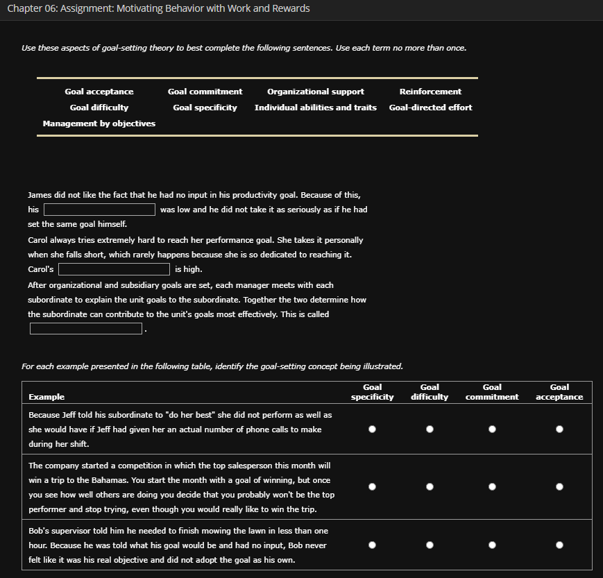 Solved Chapter 06: Assignment: Motivating Behavior with Work | Chegg.com
