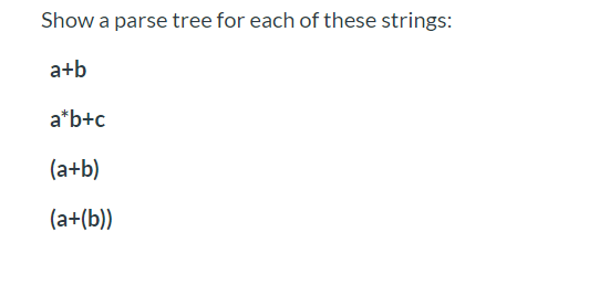 Solved Show a parse tree for each of these strings: a+b | Chegg.com