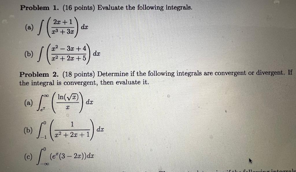 Solved Problem 1. (16 points) Evaluate the following | Chegg.com