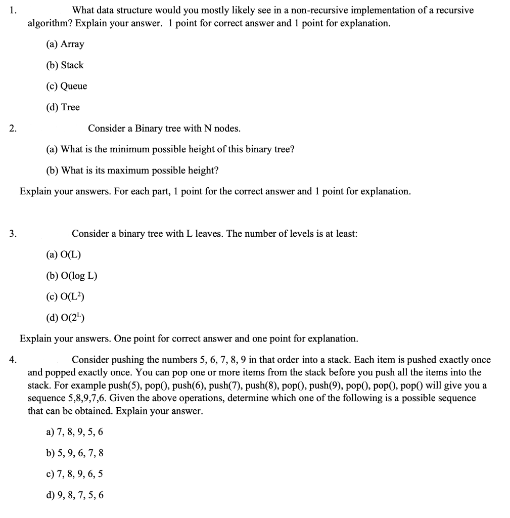 Solved 1 What Data Structure Would You Mostly Likely See In 