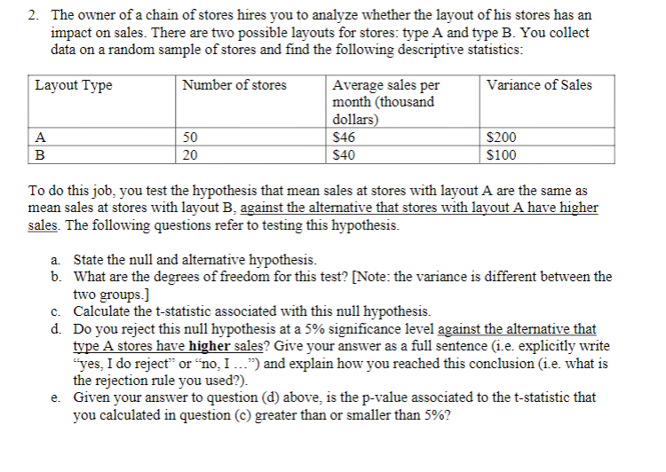 Solved 2. The owner of a chain of stores hires you to | Chegg.com