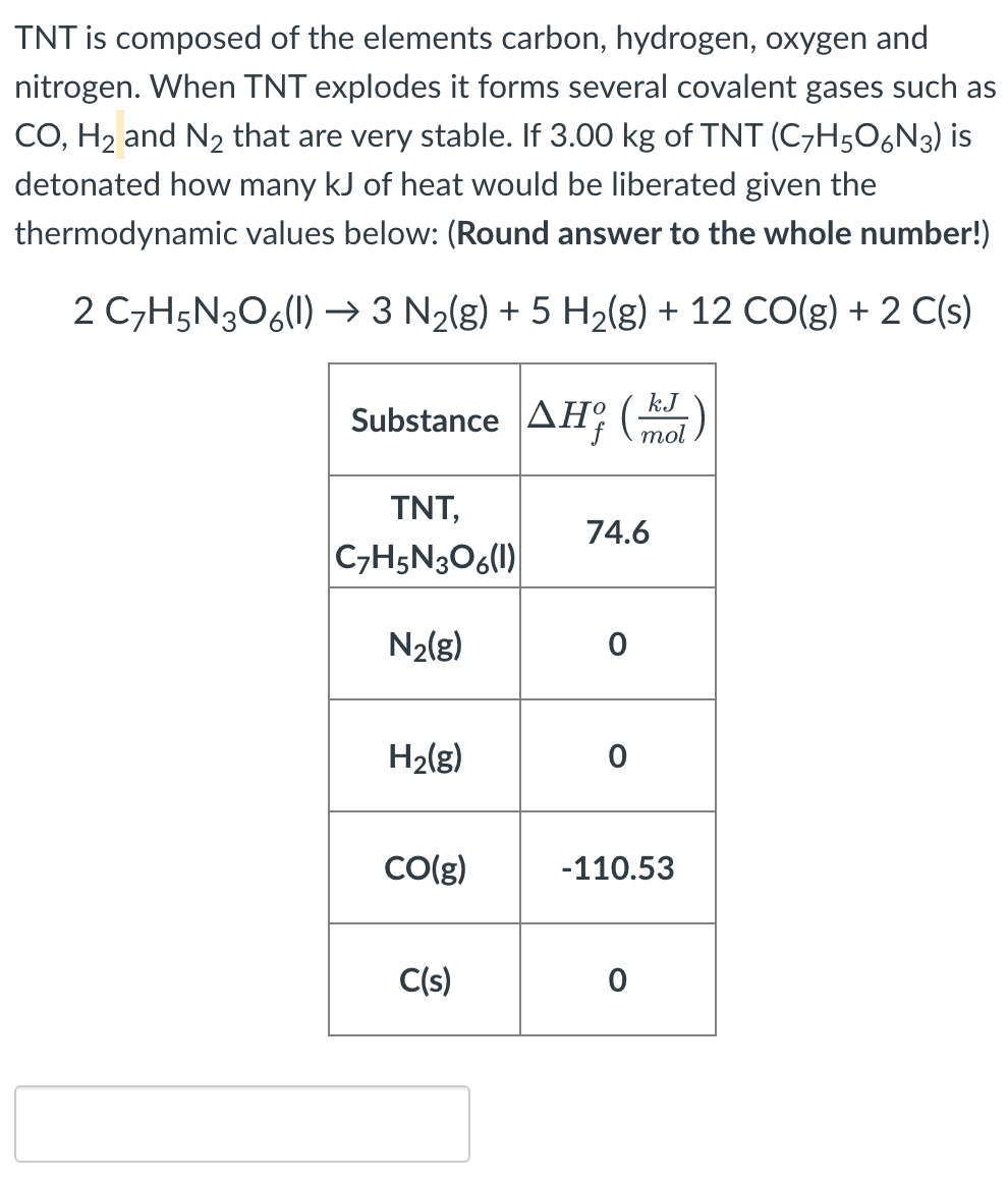 Solved TNT is composed of the elements carbon, hydrogen, | Chegg.com
