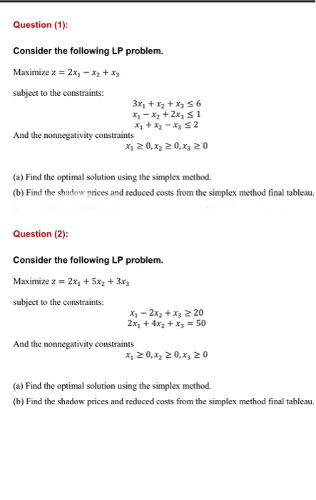 Solved Question (1) Consider the following LP problem. | Chegg.com