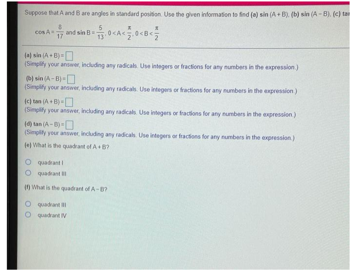 Solved Suppose that A and B are angles in standard position. | Chegg.com