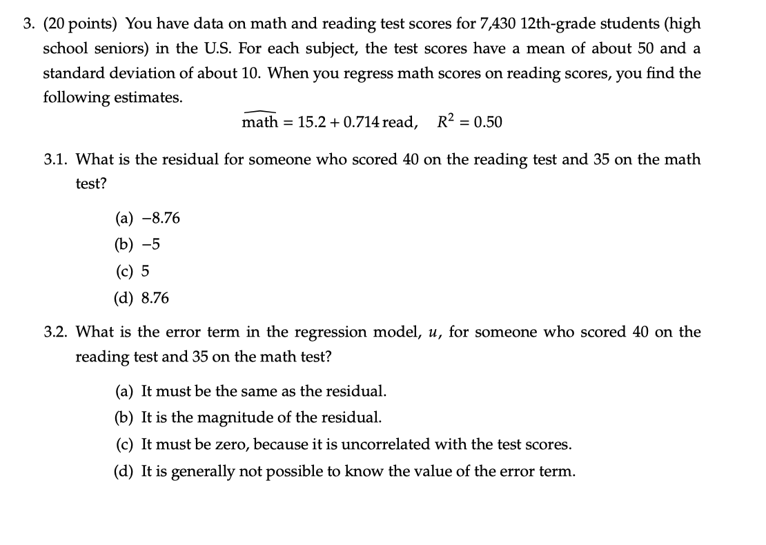 Solved (20 points) You have data on math and reading test | Chegg.com