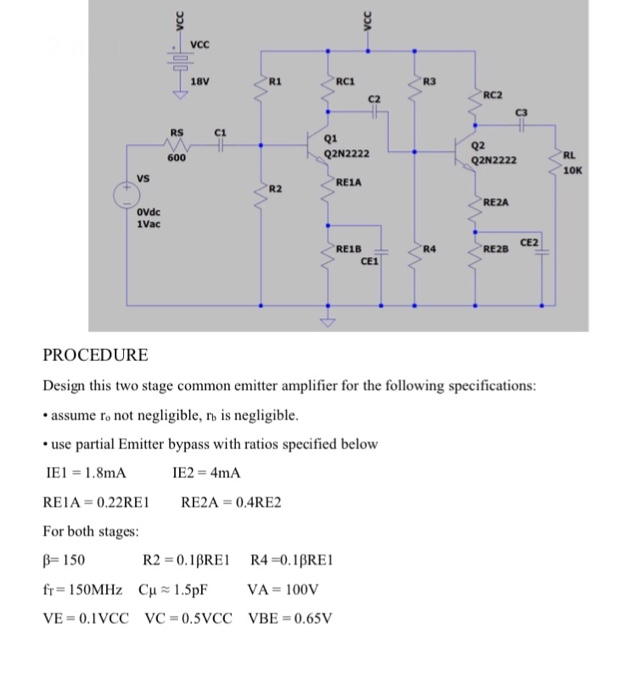 Solved VCC 18V R1 RC1 R3 C2 C3 C1 Q1 Q2N2222 02 Q2N2222 600 | Chegg.com