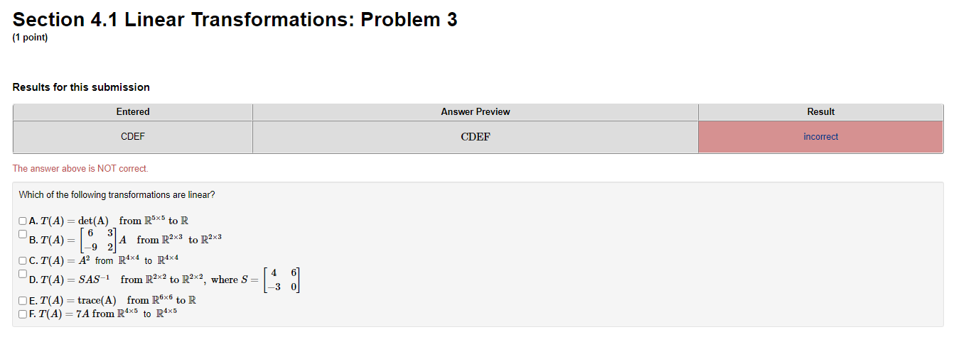 Solved Section 4.1 ﻿Linear Transformations: Problem 3(1 | Chegg.com