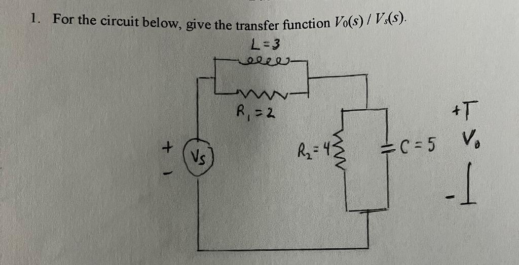 Solved For the circuit below, give the transfer function | Chegg.com