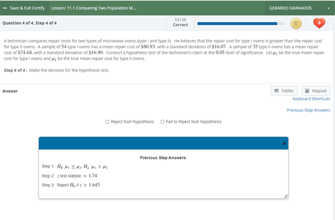 Solved Save & Exit Certify Lesson: 11.1 Comparing Two | Chegg.com