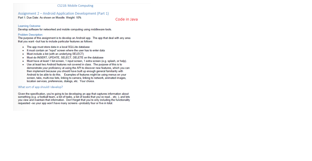 CS218: Mobile Computing Assignment 2- Android | Chegg.com