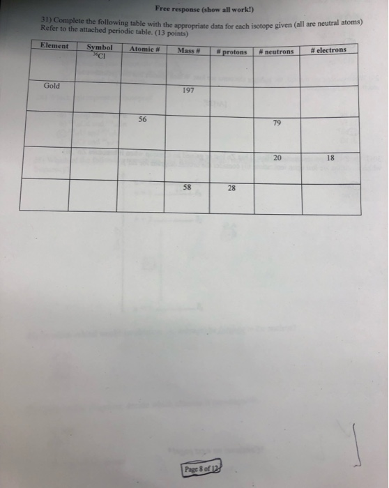 Solved Free response (show all work!) 31) Complete the | Chegg.com