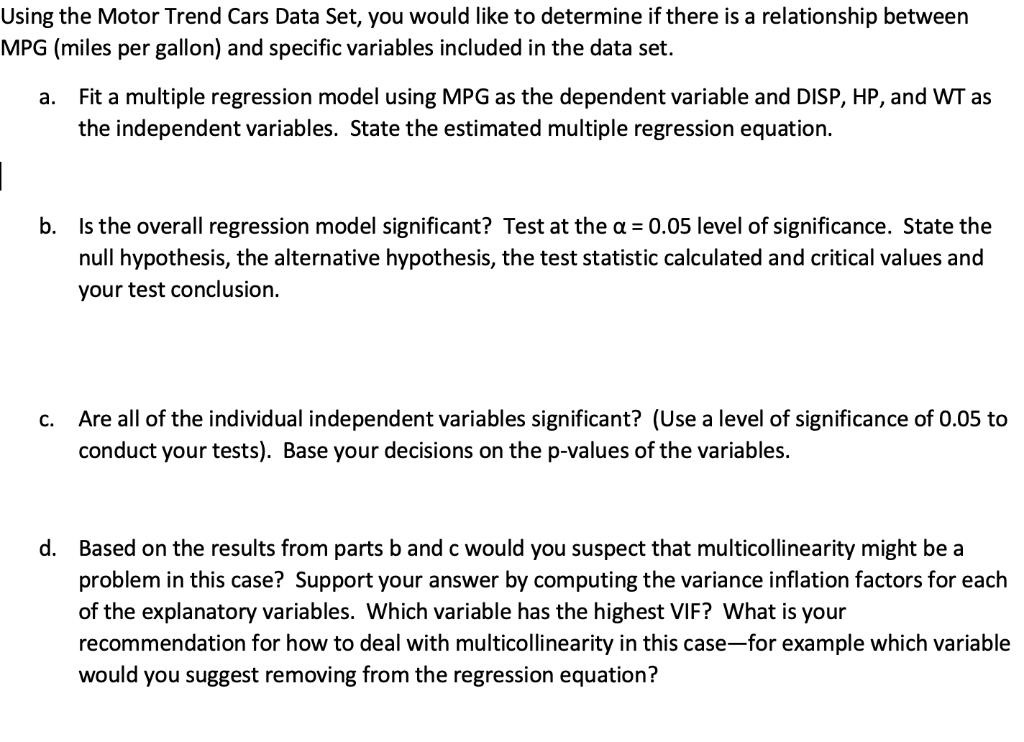 Solved Using the Motor Trend Cars Data Set, you would like | Chegg.com