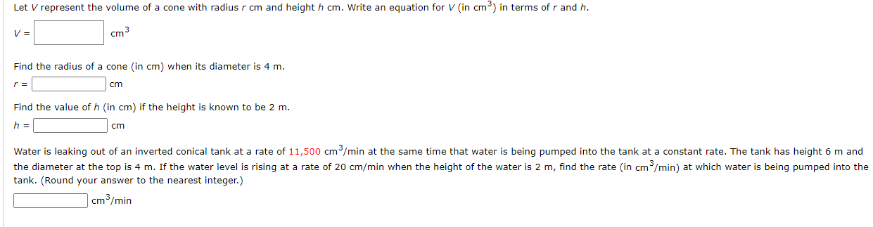 Solved Let v represent the volume of a cone with radius r сm | Chegg.com