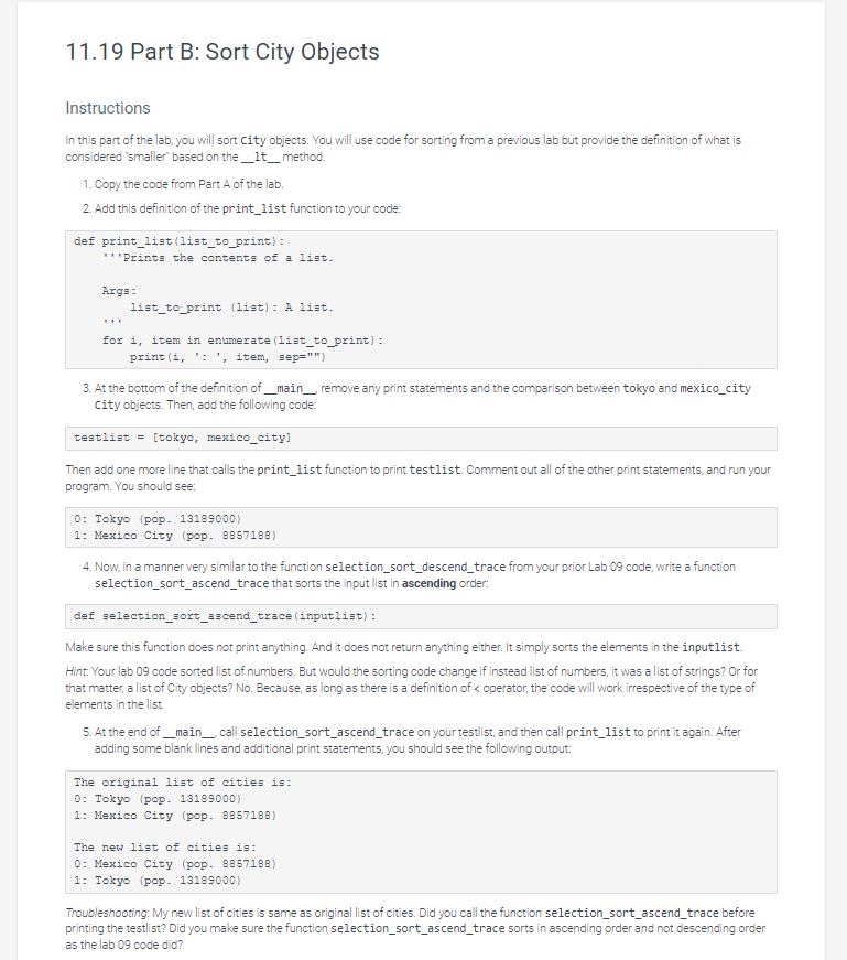 Solved 11.19 Part B: Sort City Objects Instructions In this | Chegg.com