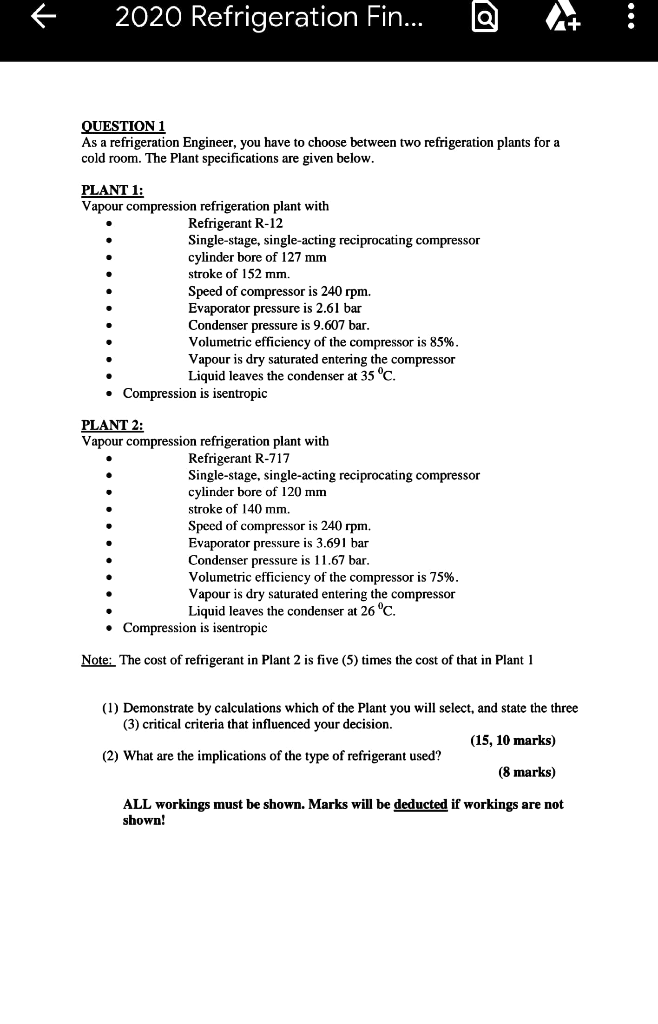 Solved € 2020 Refrigeration Fin... od QUESTION 1 As a | Chegg.com