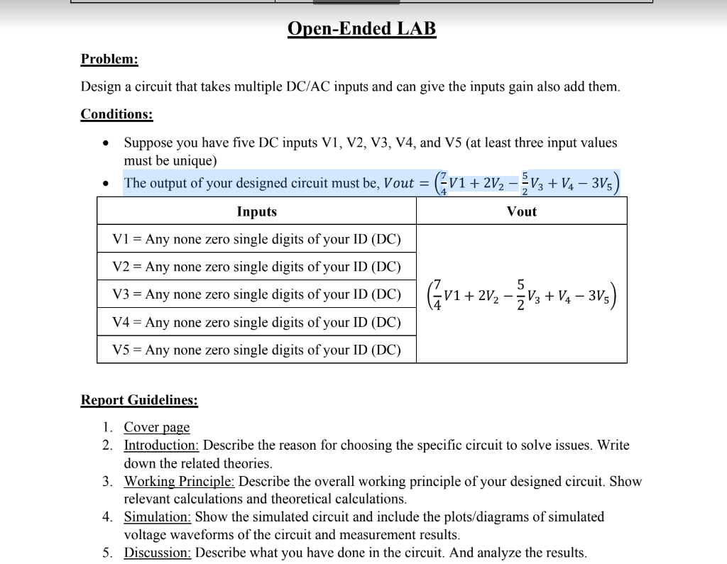 Solved Open-Ended LAB Problem: Design a circuit that takes | Chegg.com