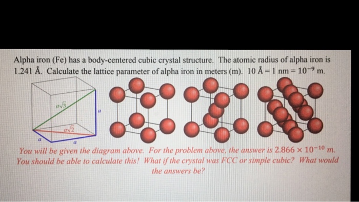 Solved Alpha iron (Fe) has a body-centered cubic crystal | Chegg.com