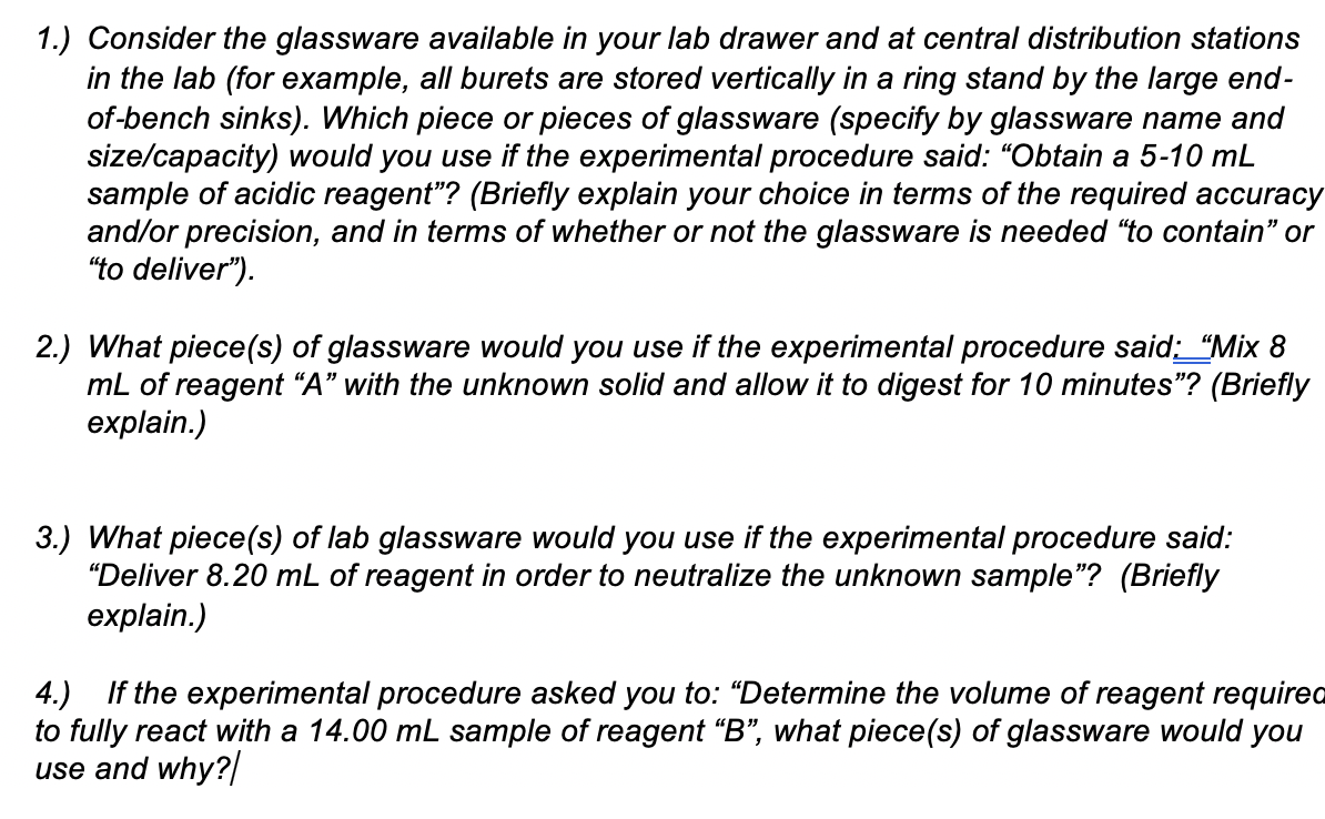 Solved 1.) Consider the glassware available in your lab | Chegg.com