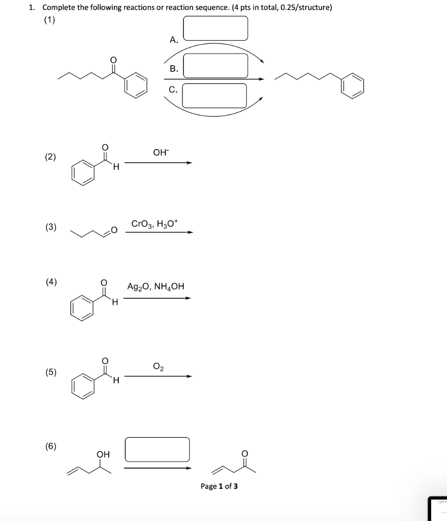 Solved 1. Complete the following reactions or reaction | Chegg.com