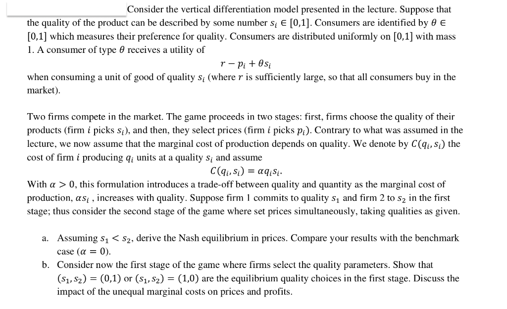 Consider the vertical differentiation model presented | Chegg.com