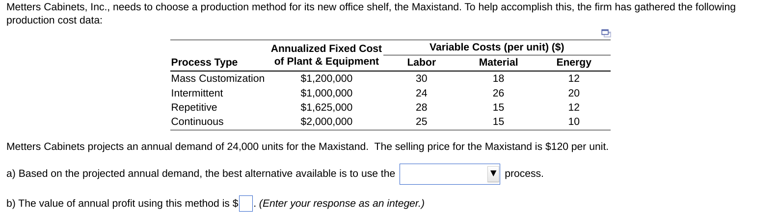 Solved Metters Cabinets, Inc., needs to choose a production | Chegg.com