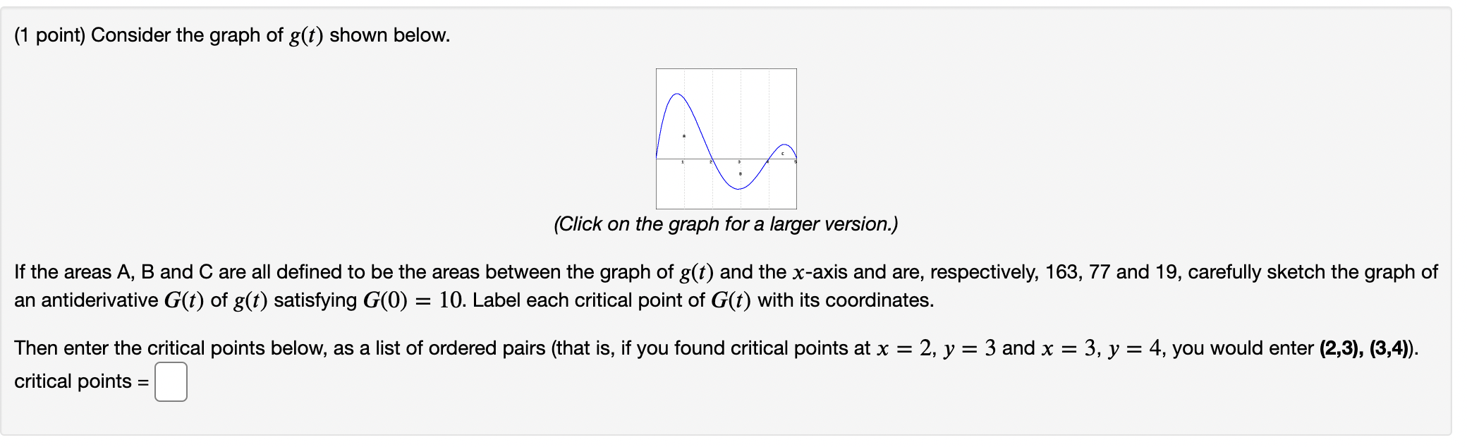 Solved (1 point) Consider the graph of g(t) shown below. | Chegg.com