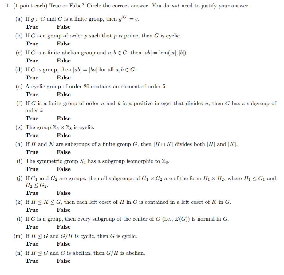Solved 1. (1 point each) True or False? Circle the correct | Chegg.com