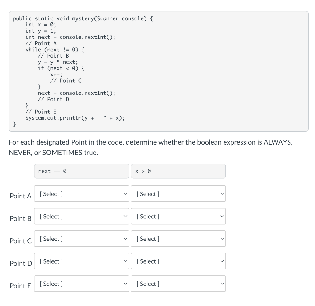 Solved For each designated Point in the code, determine | Chegg.com