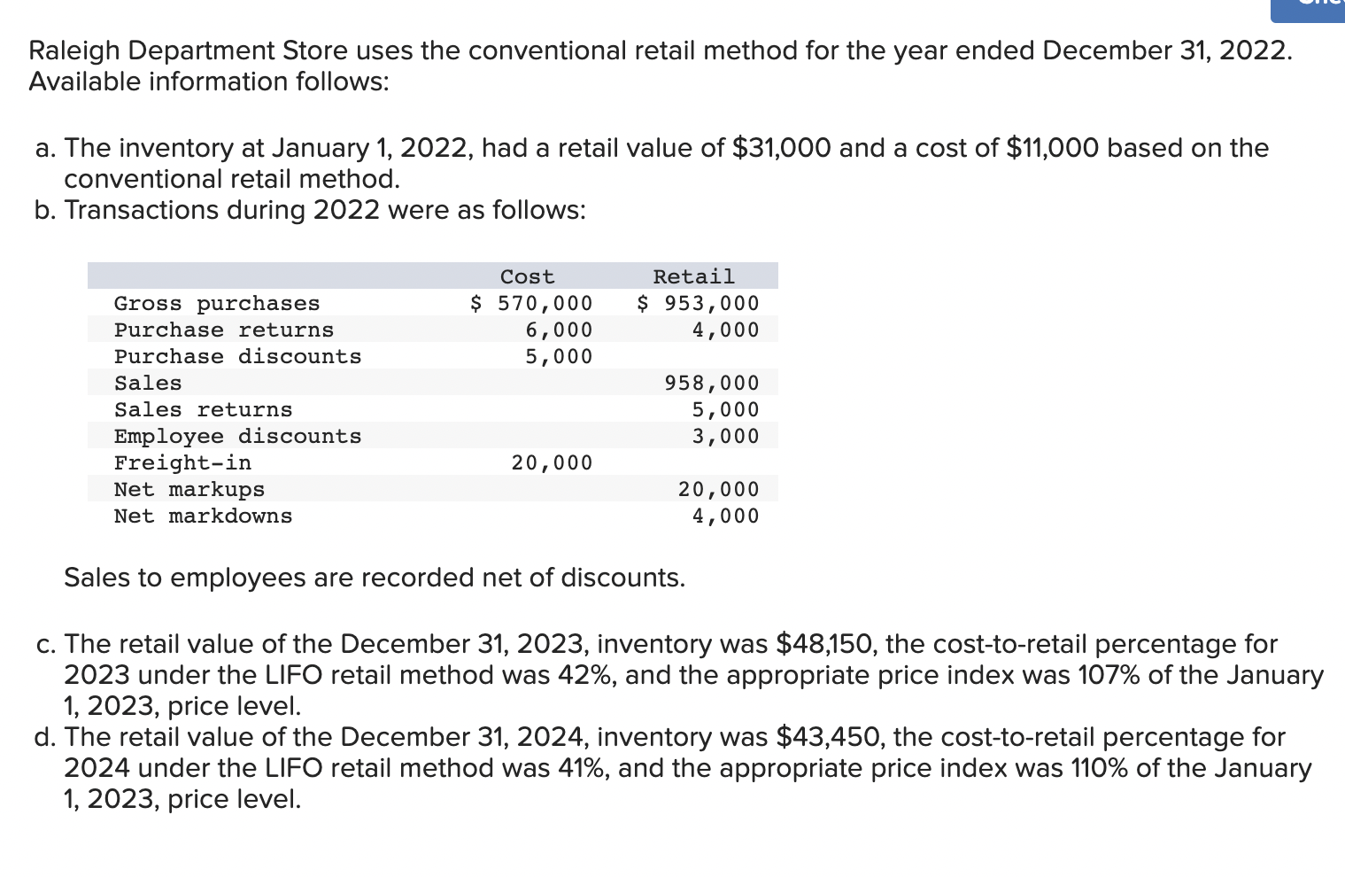 Solved Raleigh Department Store uses the conventional retail | Chegg.com