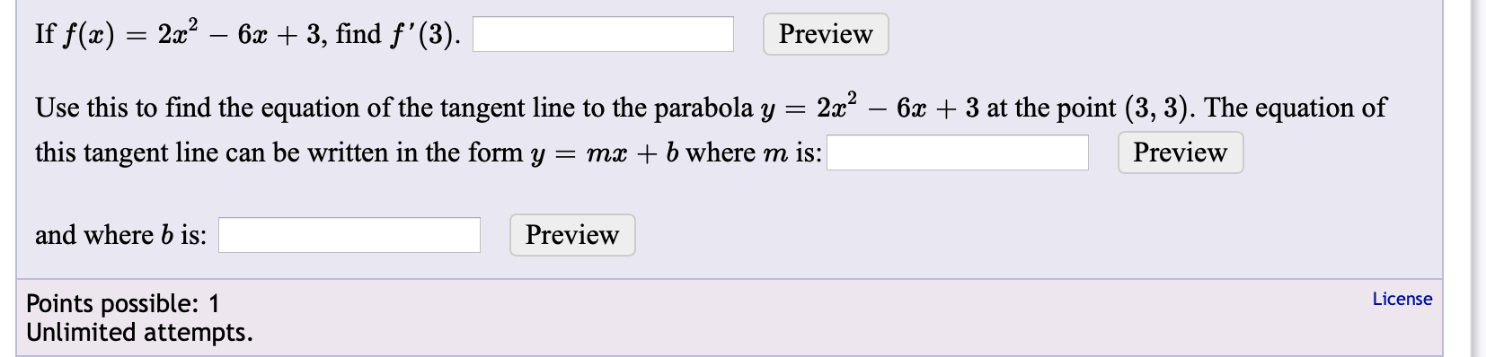 Solved If f(x) = 2x2 – 6x + 3, find f'(3). Preview Use this | Chegg.com