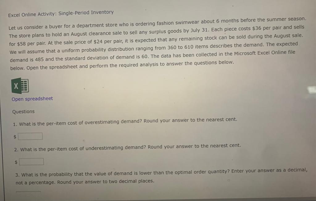 Solved Excel Online Activity: Single-Period Inventory Let us | Chegg.com