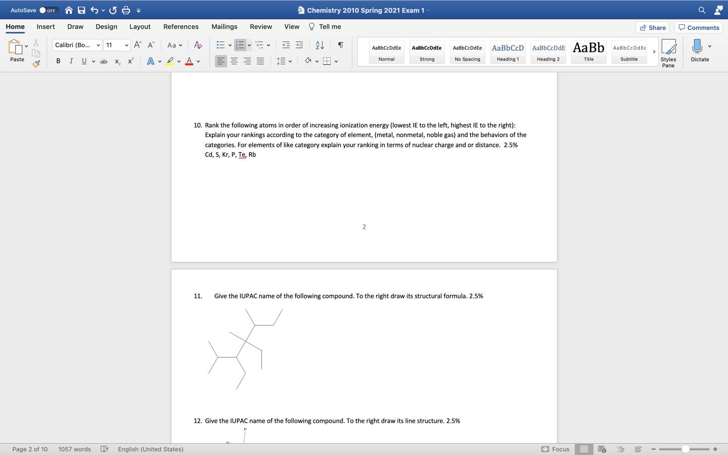 Solved AutoSave OFF U Chemistry 2010 Spring 2021 Exam 1 Home | Chegg.com