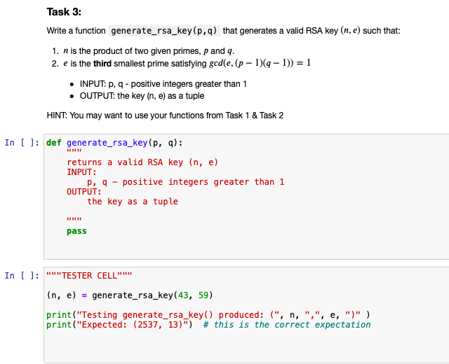 Solved Task 3: Write a function generate_rsa_key(p, q) that | Chegg.com