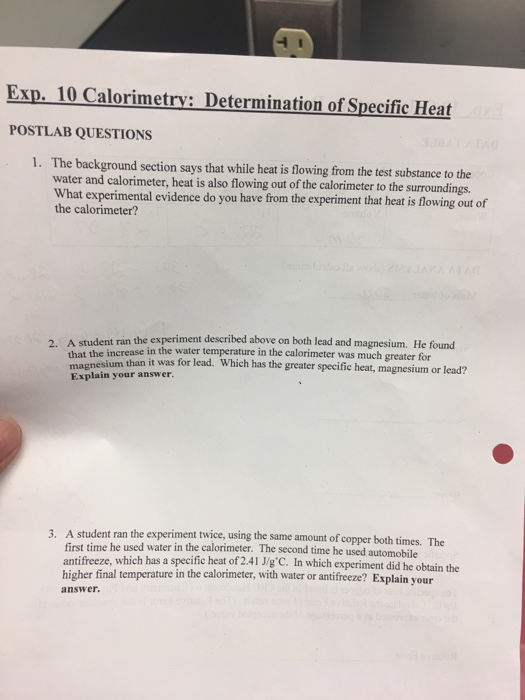 Solved Exp. 10 Calorimetry: Determination of Specific Heat | Chegg.com