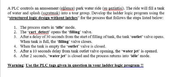 Solved A PLC controls an amusement (eğlence) park water ride | Chegg.com