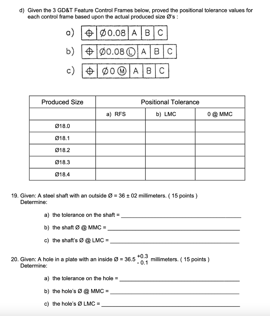Solved d) Given the 3 GD&T Feature Control Frames below, | Chegg.com