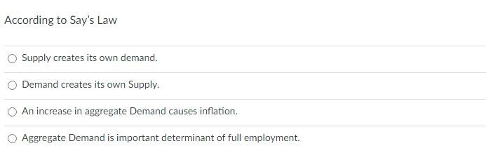 Solved According to Say's Law Supply creates its own demand. | Chegg.com