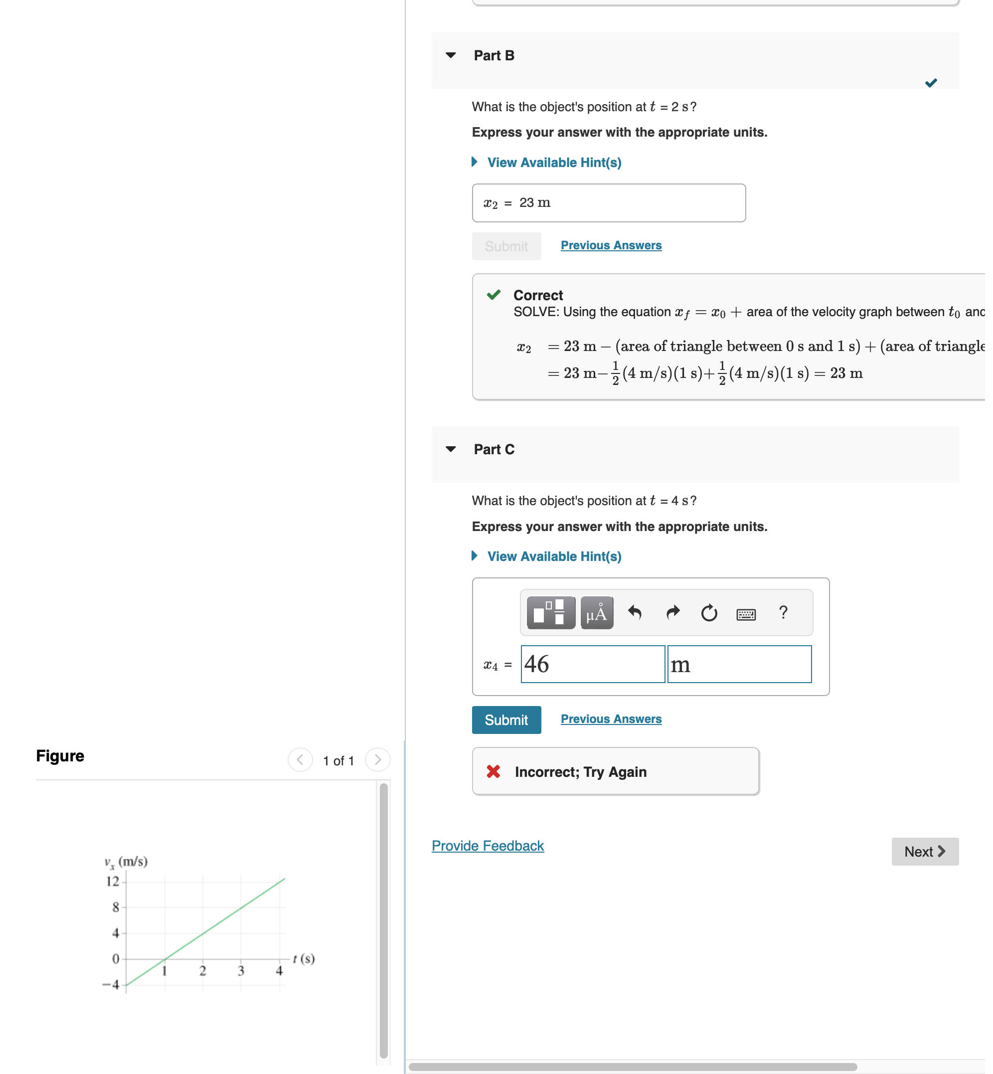Solved Part BWhat is the object's position at t=2s ?Express | Chegg.com