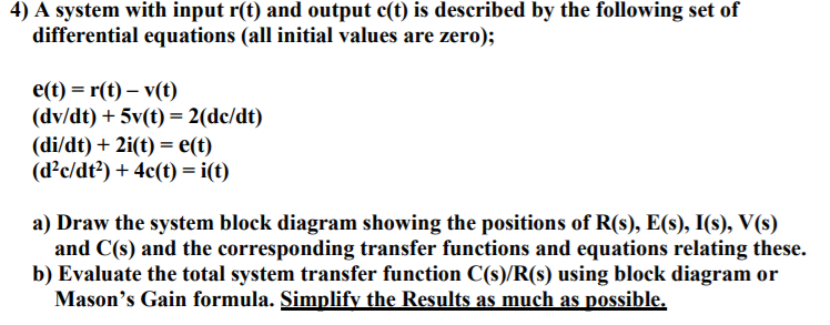 Solved 4) A system with input r(t) and output c(t) is | Chegg.com