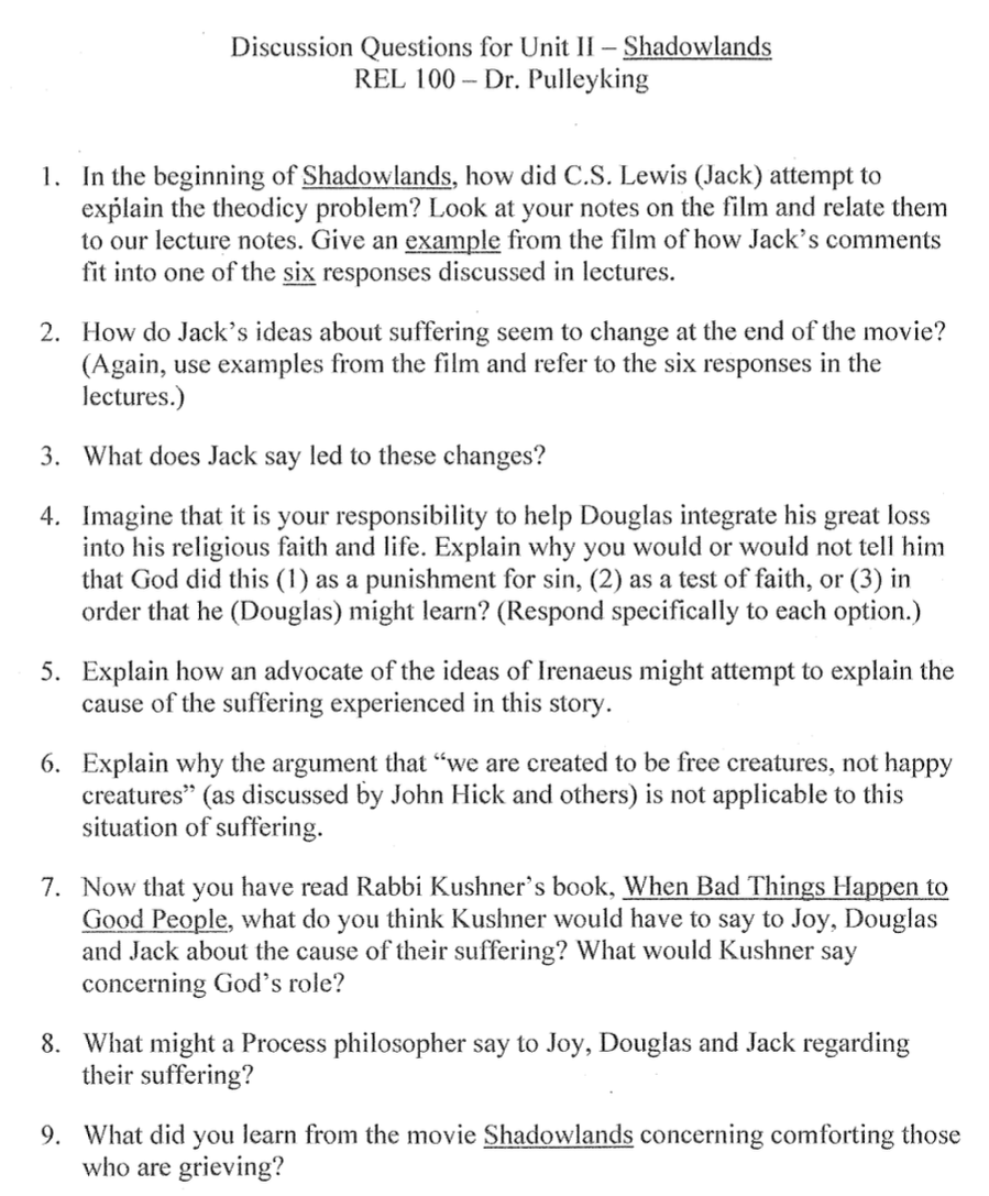 Discussion Questions for Unit II - Shadowlands REL | Chegg.com