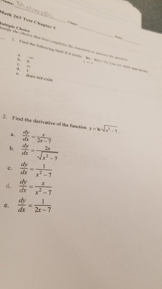 Solved ame: Math 263 Test Chapter ultiple Choice entify the | Chegg.com