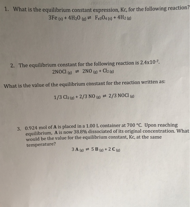 Solved What is the equilibrium constant expression, Kc, for | Chegg.com