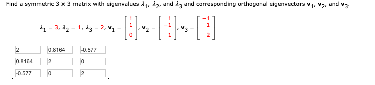 Solved Find a symmetric 3 x 3 matrix with eigenvalues 11, | Chegg.com