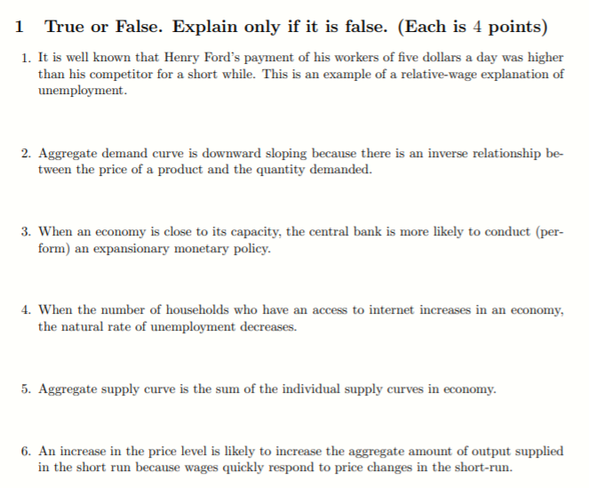 Solved True or False. Explain only if it is false. (Each is | Chegg.com