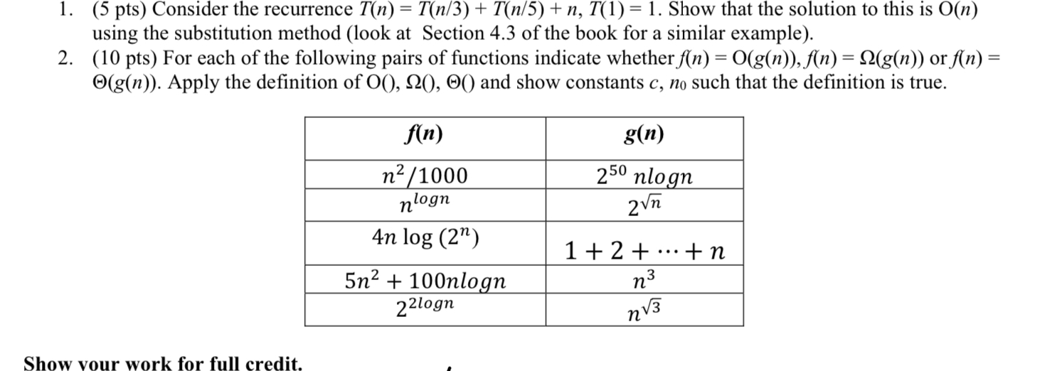 Solved 1. (5 pts) Consider the recurrence | Chegg.com