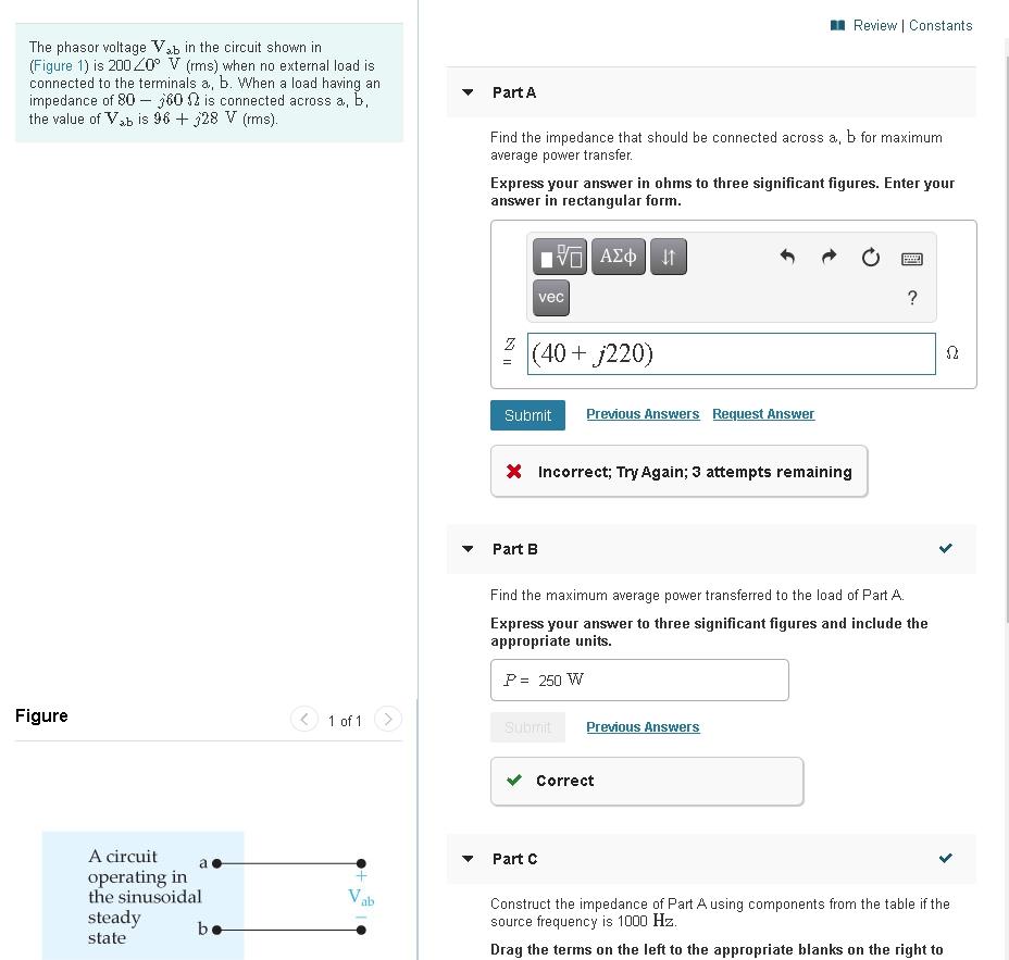 Solved A Review Constants The phasor voltage Vab in the | Chegg.com
