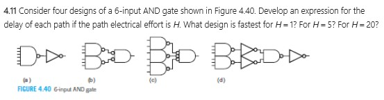 Solved 4.11 Consider four designs of a 6-input AND gate | Chegg.com Solved 4.11 Consider four designs of a 6-input AND gate | Chegg.com